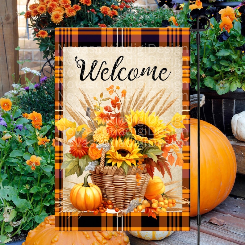 12x18 Garden Flag Sublimation Design, Fall Flower Basket, Welcome ...