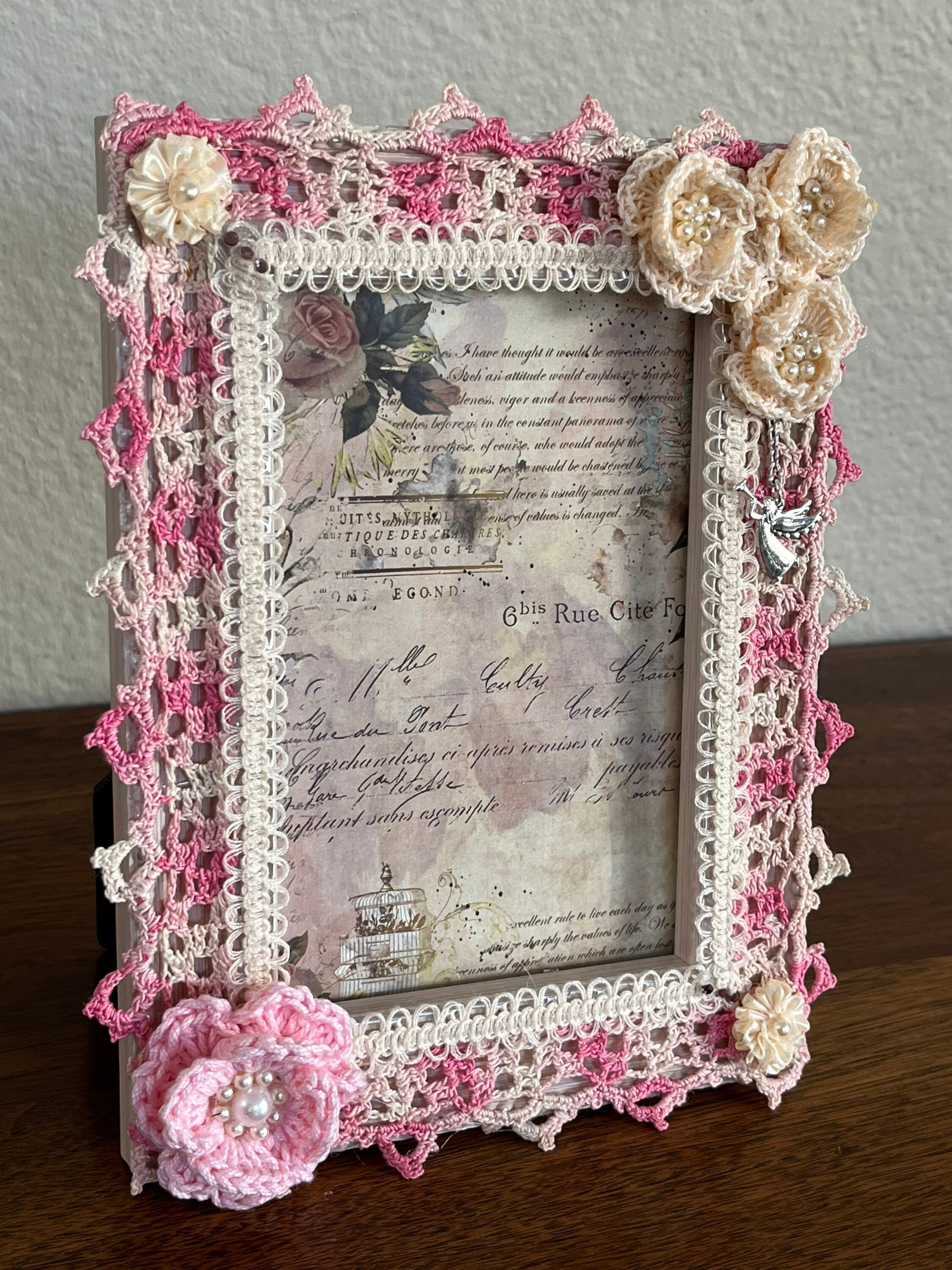 Wooden Decor Picture Frame With Hand Made Crochet Beaded Flowers With ...
