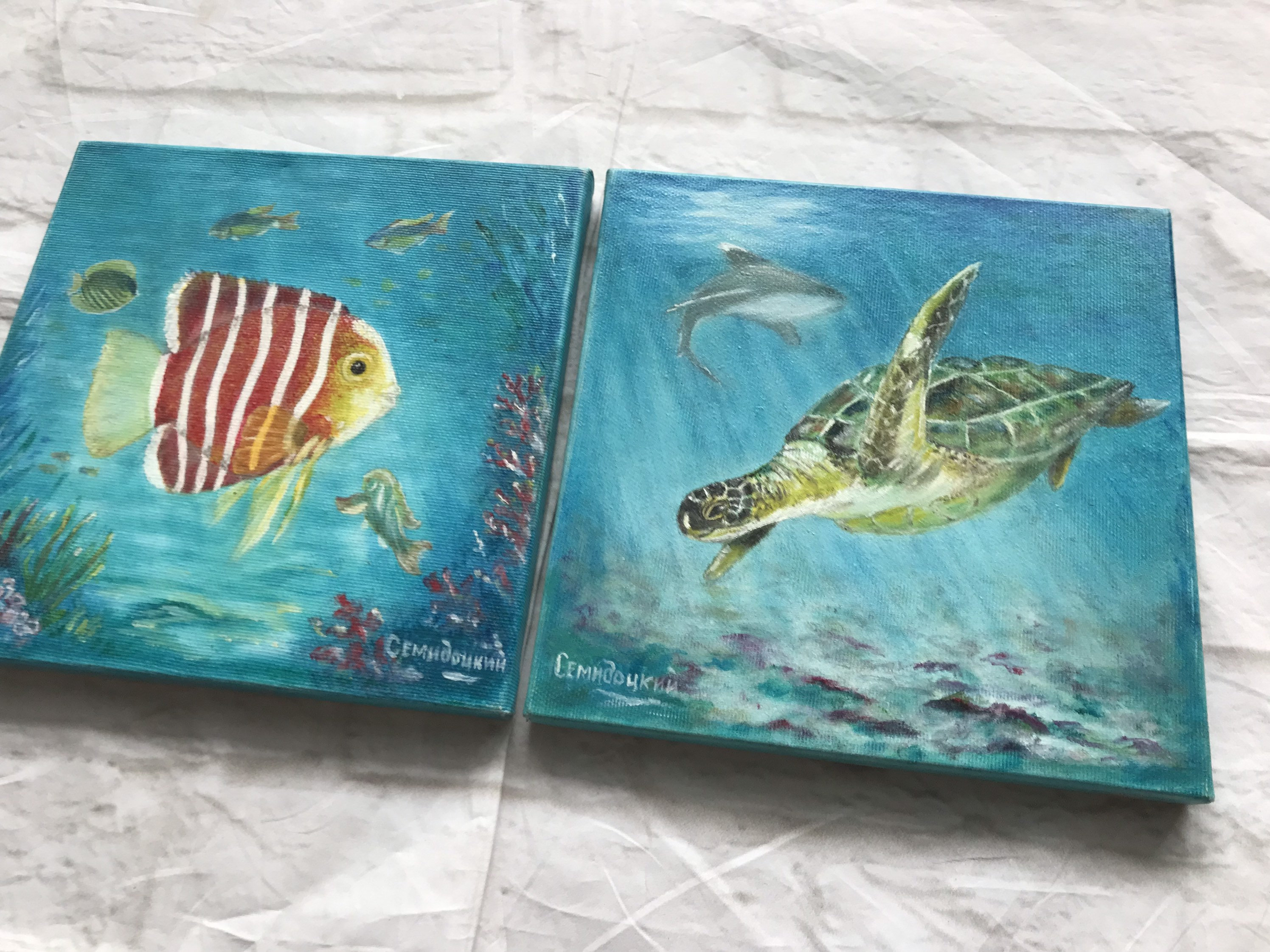 Sea Life ORIGINAL OIL PAINTING Set of 2 Unframed on Canvas Turtle Fish ...