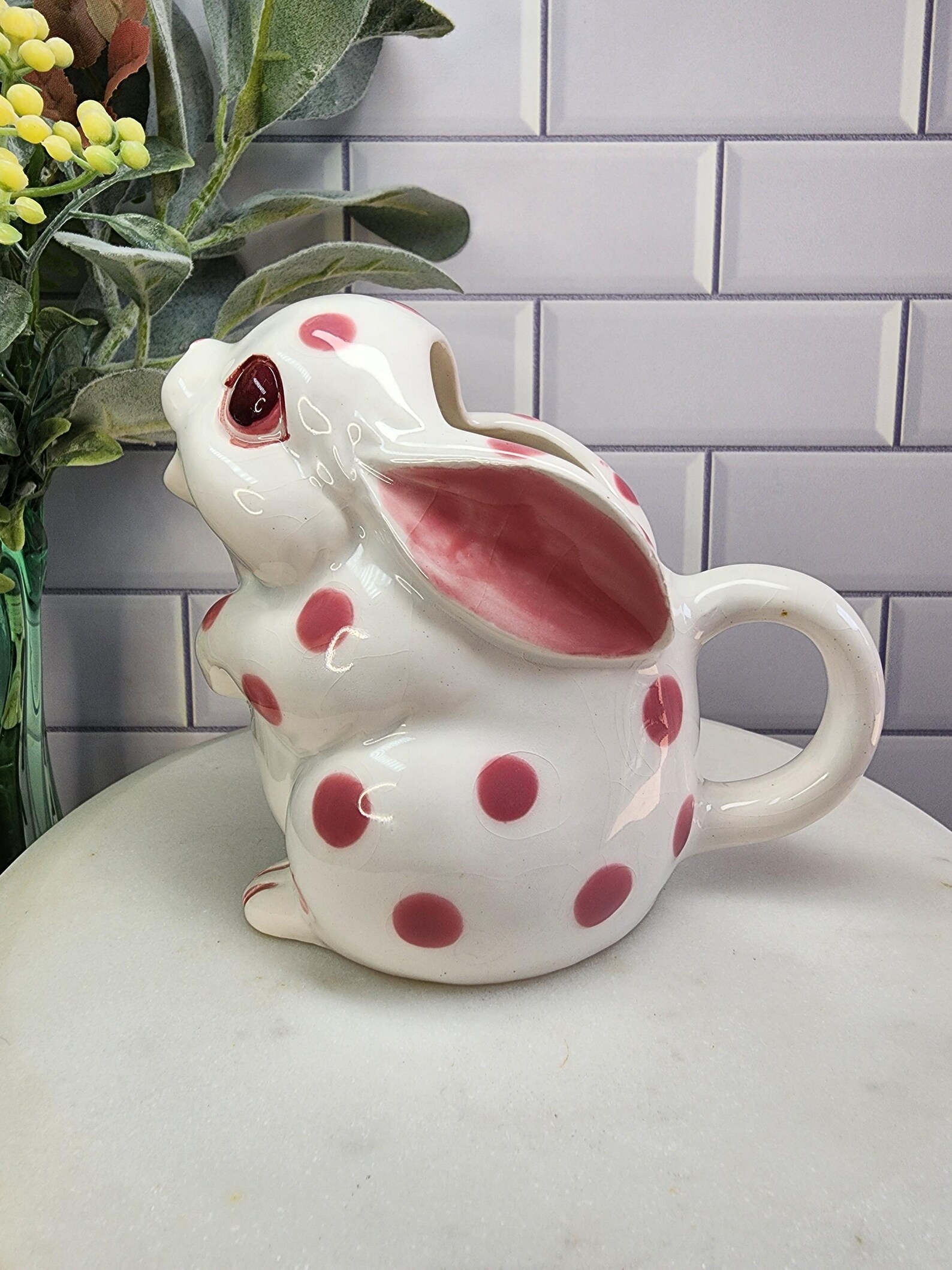Vintage Schmid Design Ceramic Bunny Rabbit Creamer: Pink Polka Dot Vase ...