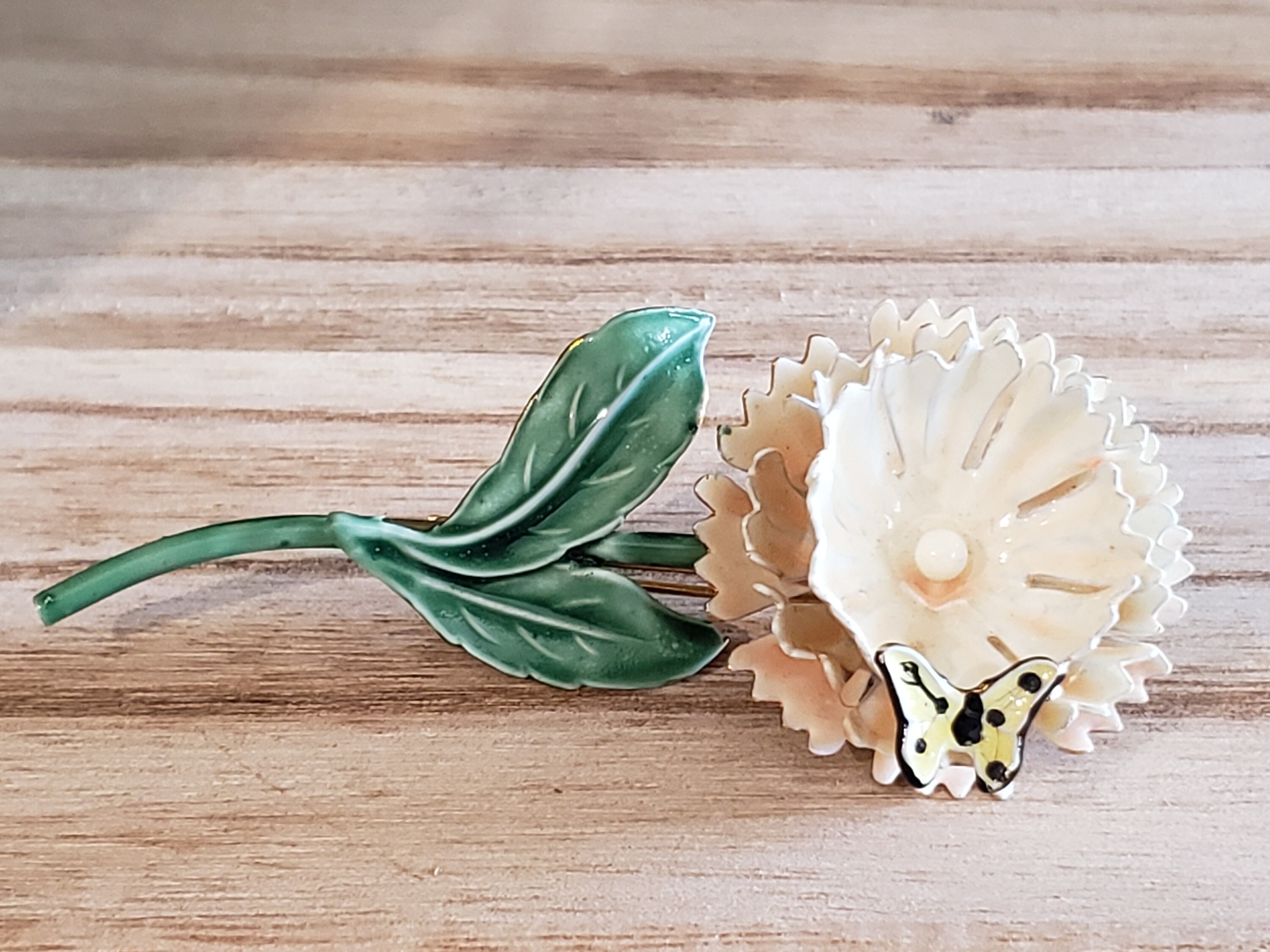 1960's Sandor Co Goldtone Hand Painted Enamel Carnation With Butterfly ...