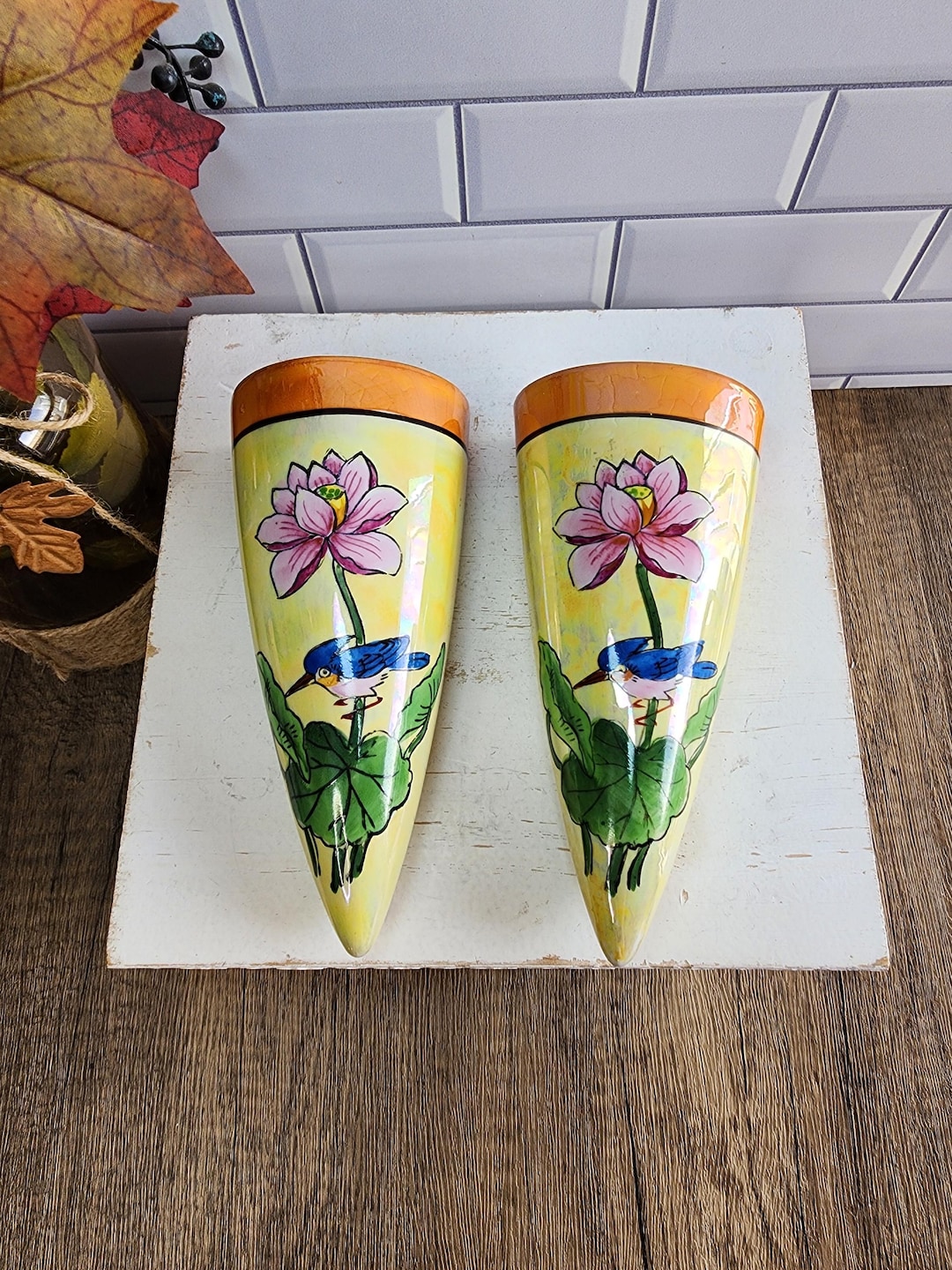 Vintage 1930s Japanese Lusterware Ceramic Wall Pocket Set With Lotus ...