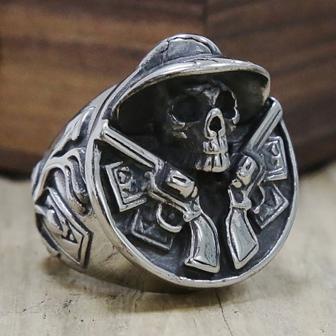 Cowboy Skull and Double Gun Revolver Ring 925 Sterling - Etsy
