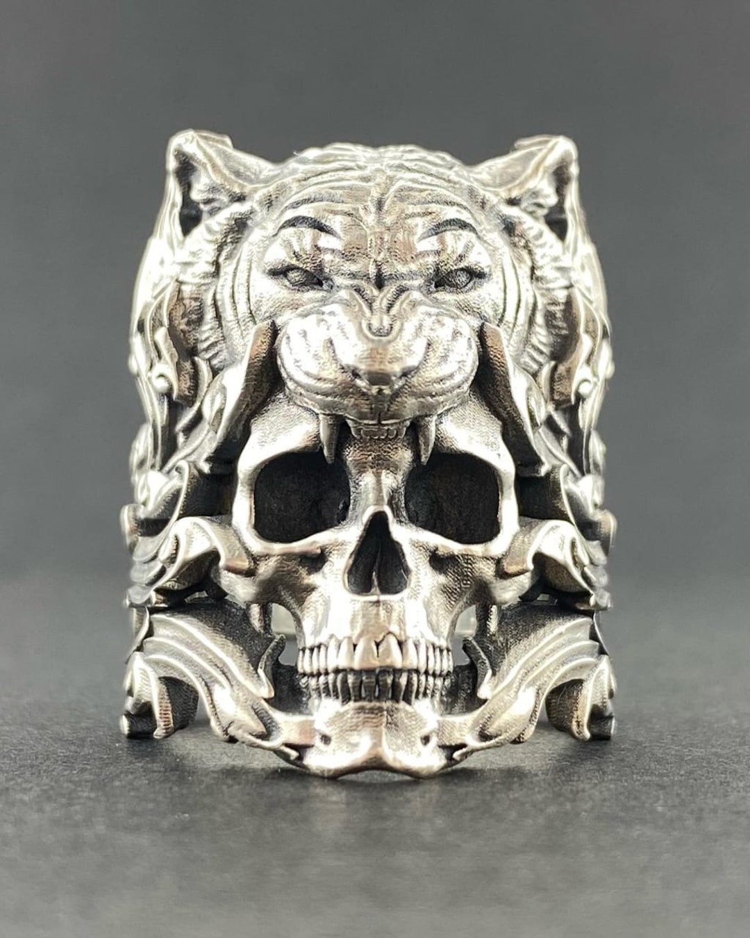 925 Sterling Silver Tiger Skull Ring, Designer Tiger Skull Ring, Goth ...
