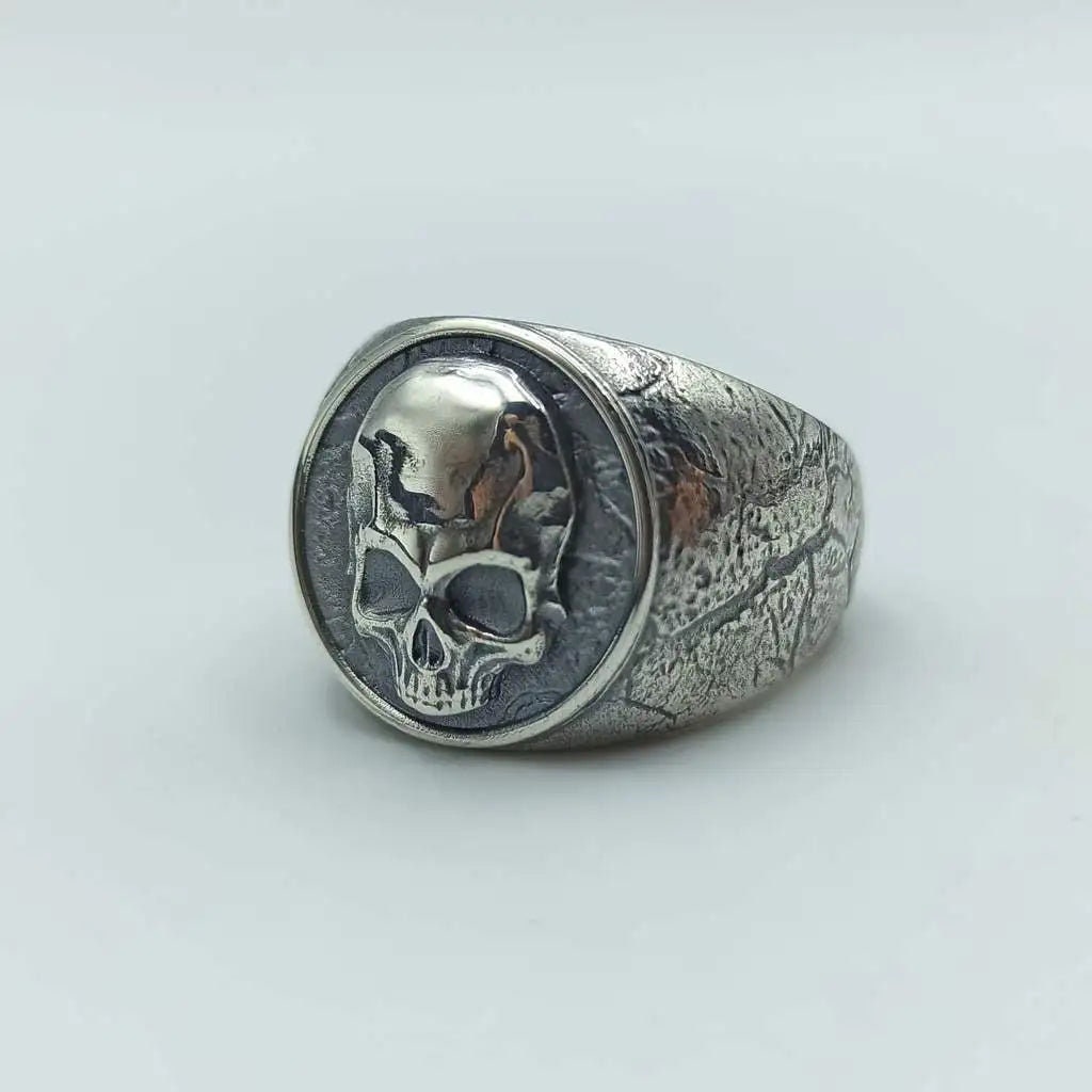 Skull Signet Ring 925 Sterling Silver Round Signet Ring Gift for Boyfriend Biker Ring Skull ...