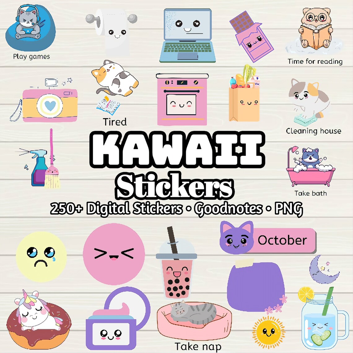 Kawaii Digital Stickers 250 Stickers, Goodnotes File, Pre-cropped ...
