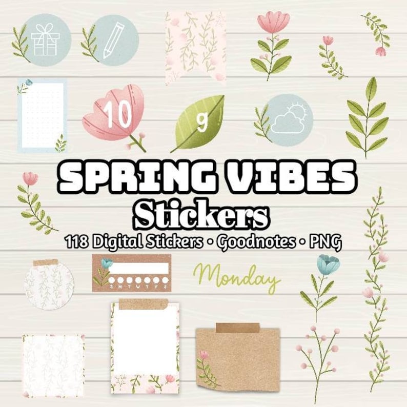 Spring Digital Stickers: 118+ Floral Planner Stickers (goodnotes, PNG ...