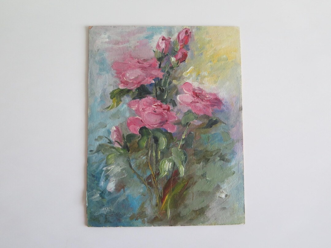Oil Painting Pink Roses Flowers, Floral Bouquet, Vintage Painting ...