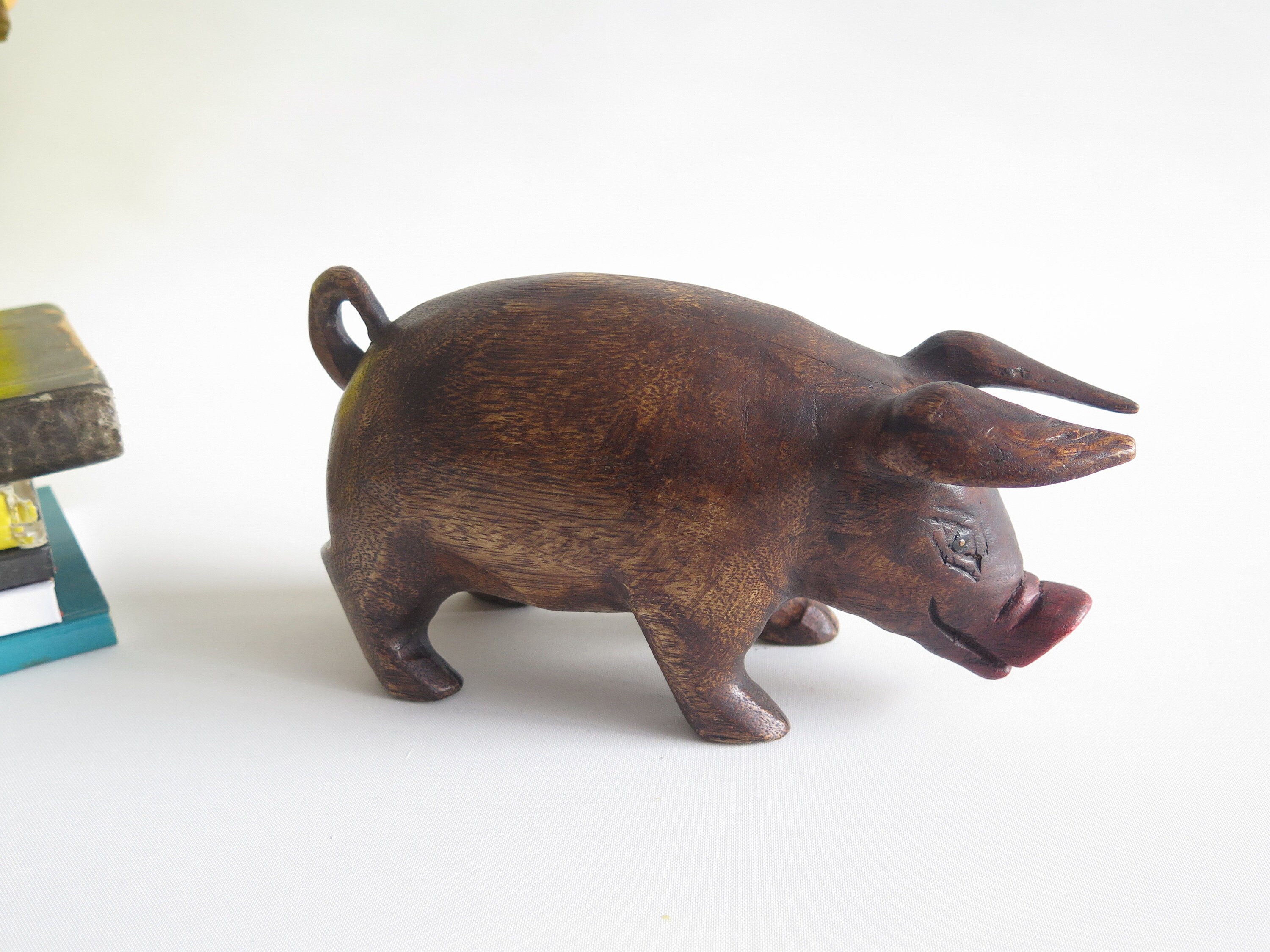 Hand Carved Wooden PIG Figurine, Statue Vintage Collectible Library ...