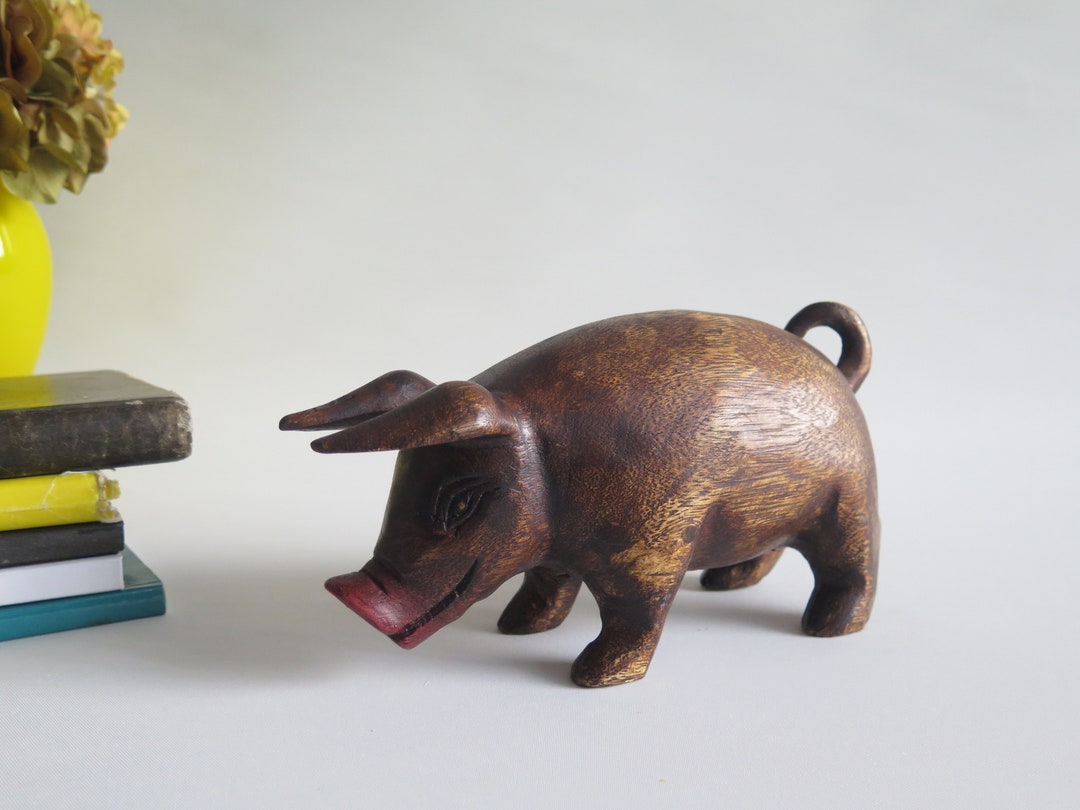 Hand Carved Wooden PIG Figurine, Statue Vintage Collectible Library ...