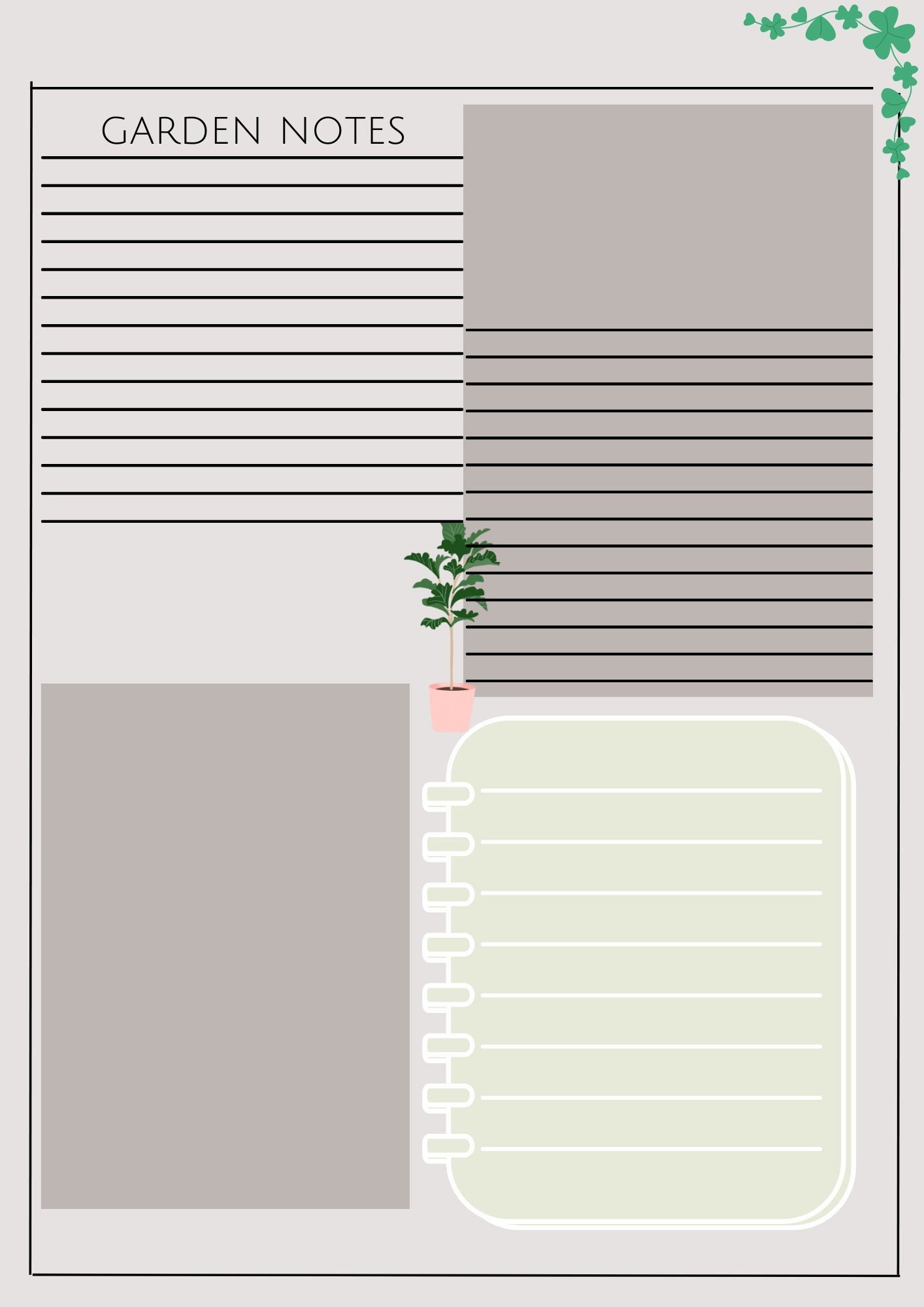 Garden Notes Page Printable Planner Instant Digital PDF Download ...