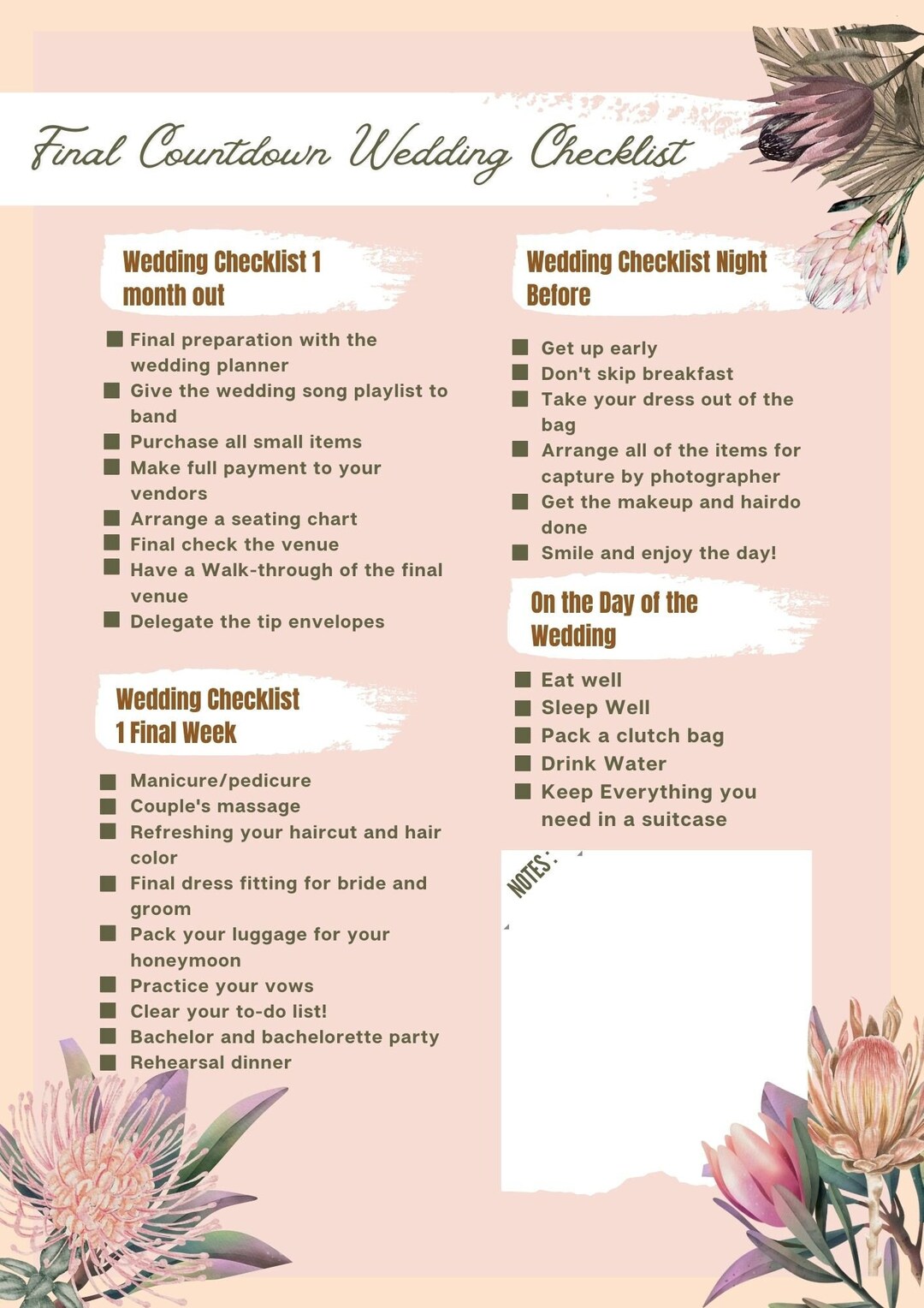 Final Countdown Wedding Checklist. Notes Printable Wedding Checklist ...