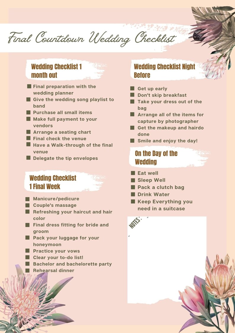 Final Countdown Wedding Checklist. Notes Printable Wedding Checklist ...