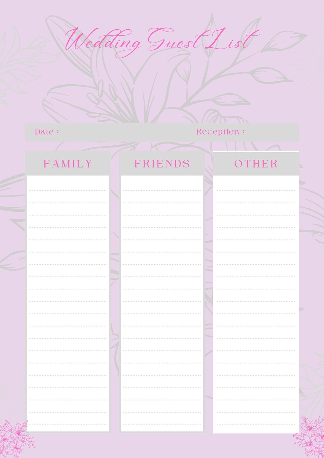Wedding Guest List. Printable Wedding Checklist.digital Wedding Plan ...