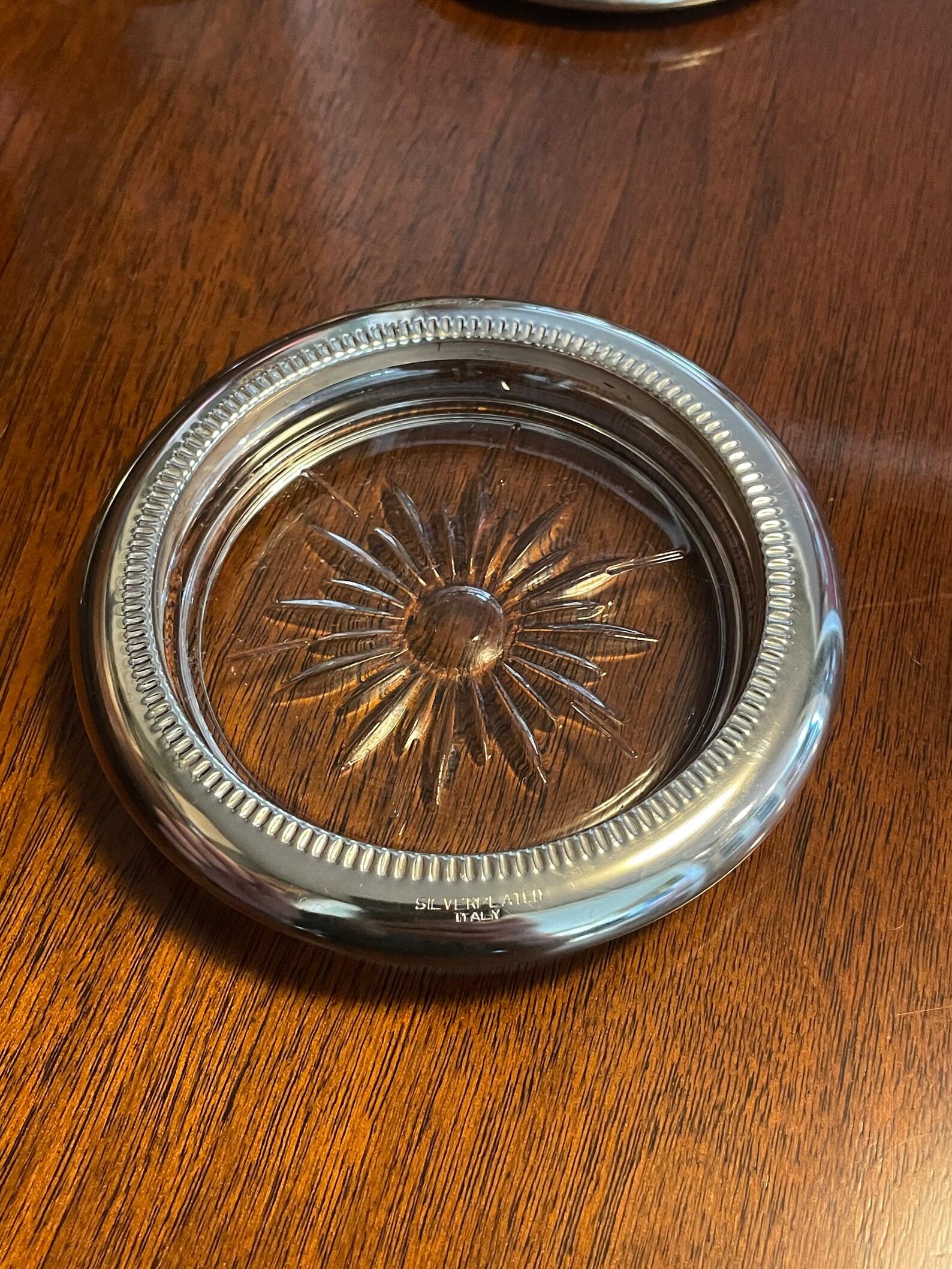 8 Vintage Leonard Italy Glass and Silverplate Sunburst Coasters, 1960's ...