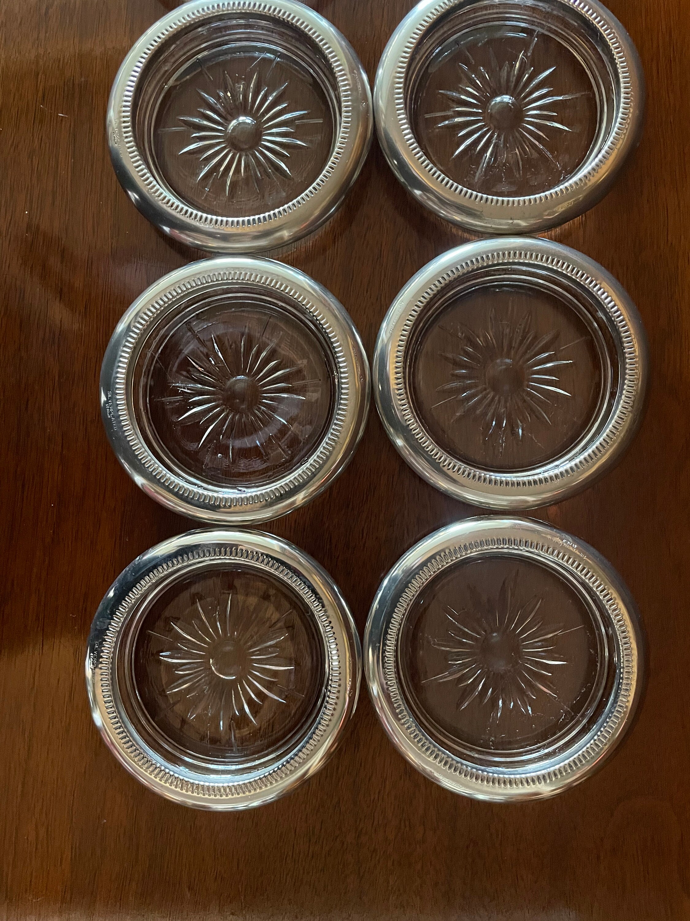 8 Vintage Leonard Italy Glass and Silverplate Sunburst Coasters, 1960's ...