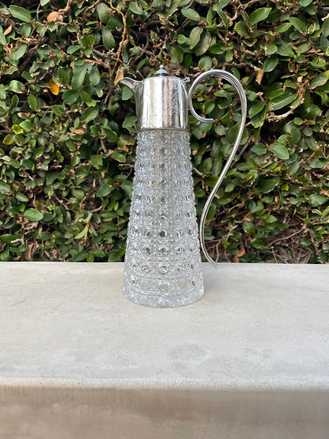 Antique Diamond Pattern Cut Glass and Silver Plate Claret Jug / Pitcher ...