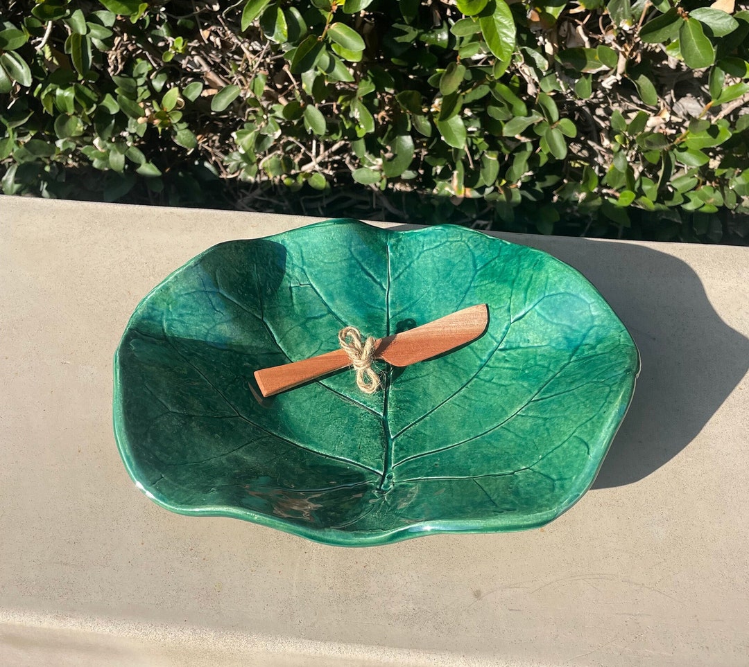 Ceramic Sea Grape Leaf Serving Plate With Wooden Spread Knife, Jessica ...