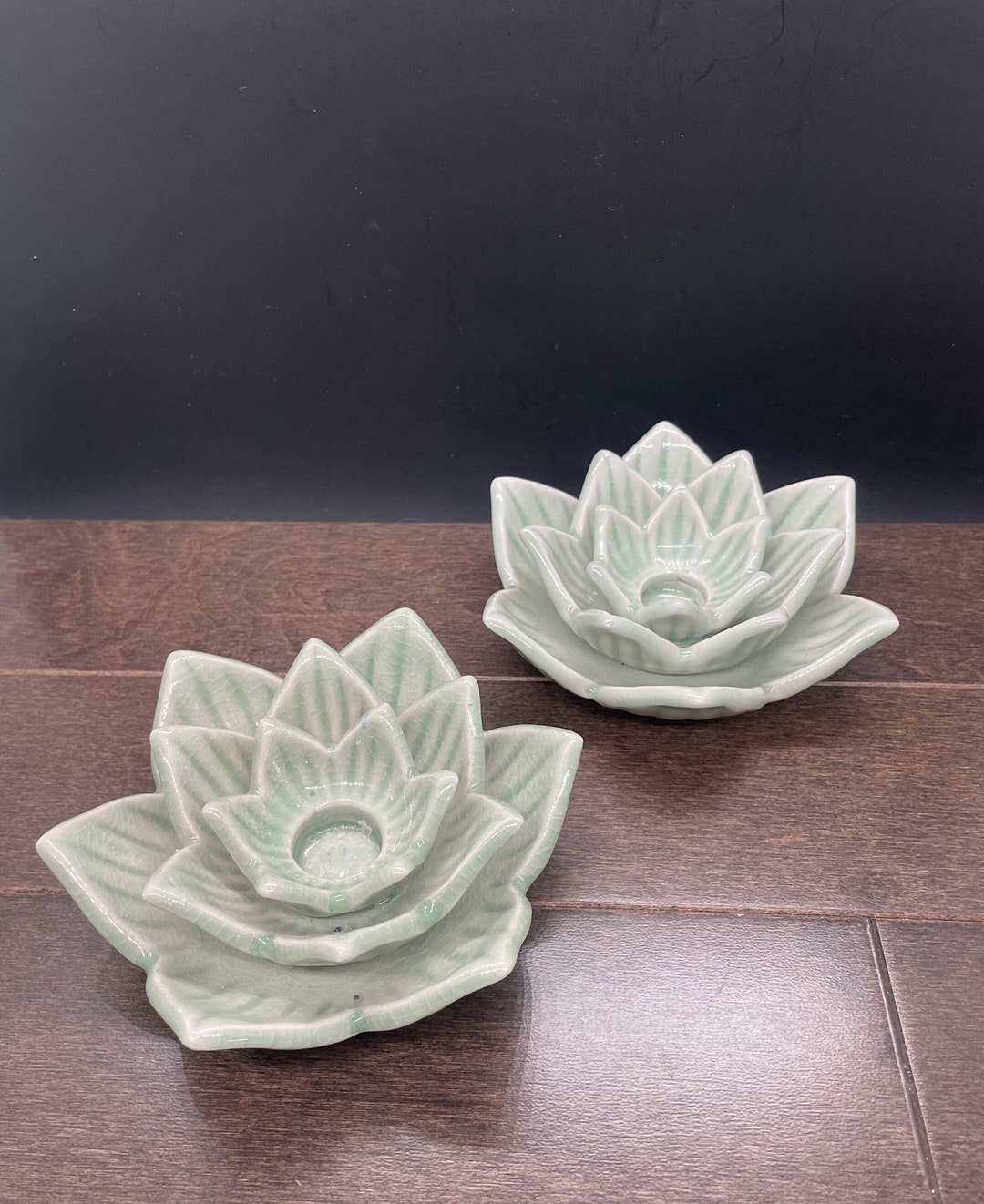 Pair of Blooming Lotus Siam Celadon Wood Ash Glaze Candle Holders - Etsy