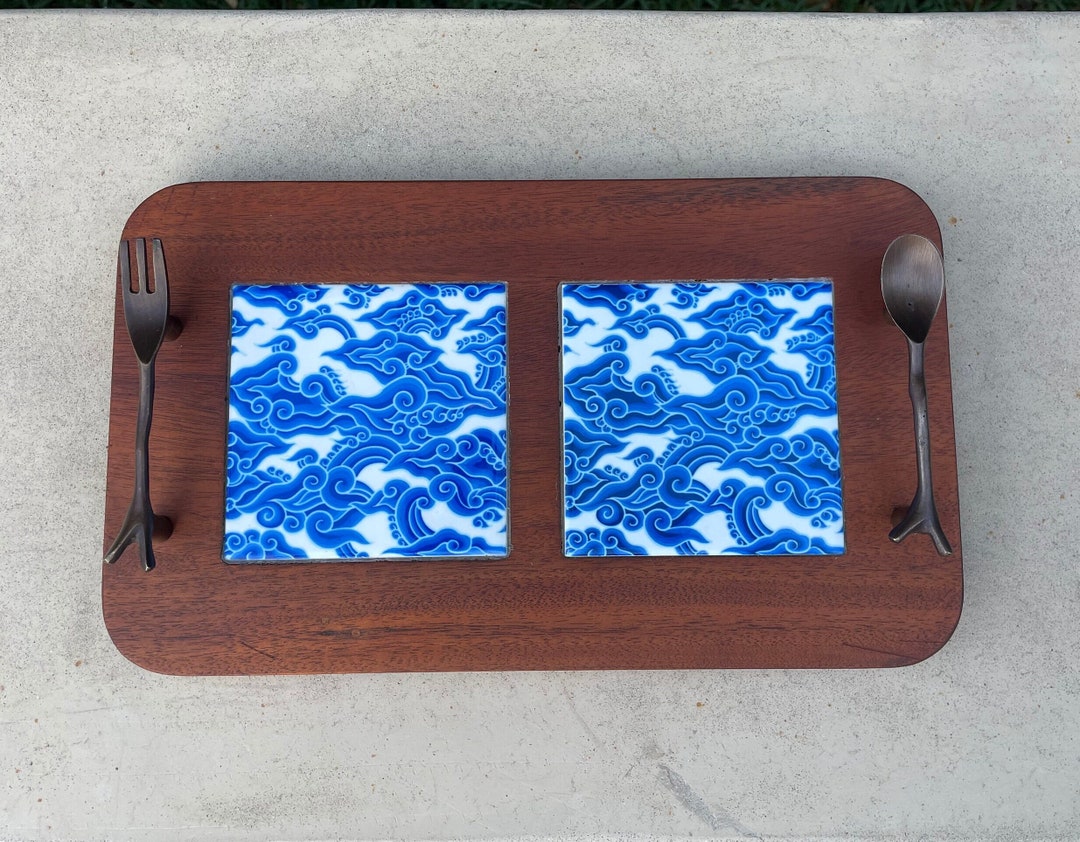 Handmade Wooden / Tile Serving Tray, With Spoon and Fork Handles - Etsy
