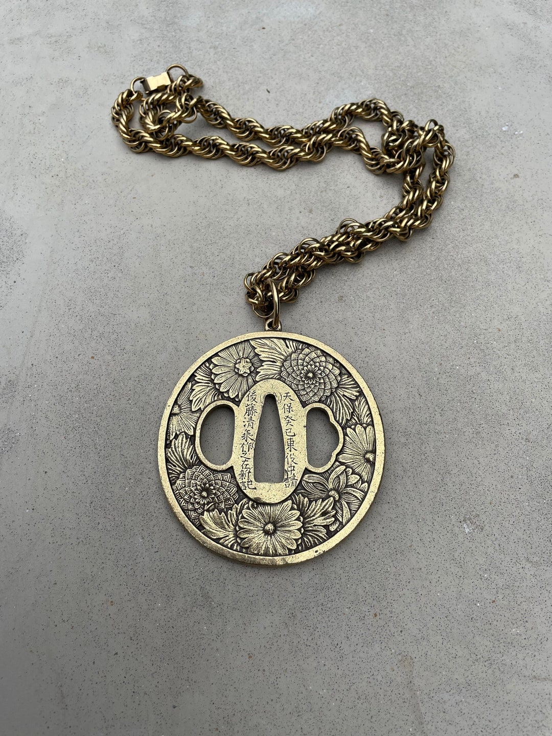 Alva Museum Japanese Tsuba Katana Sword Hand Guard Necklace With Kanji ...