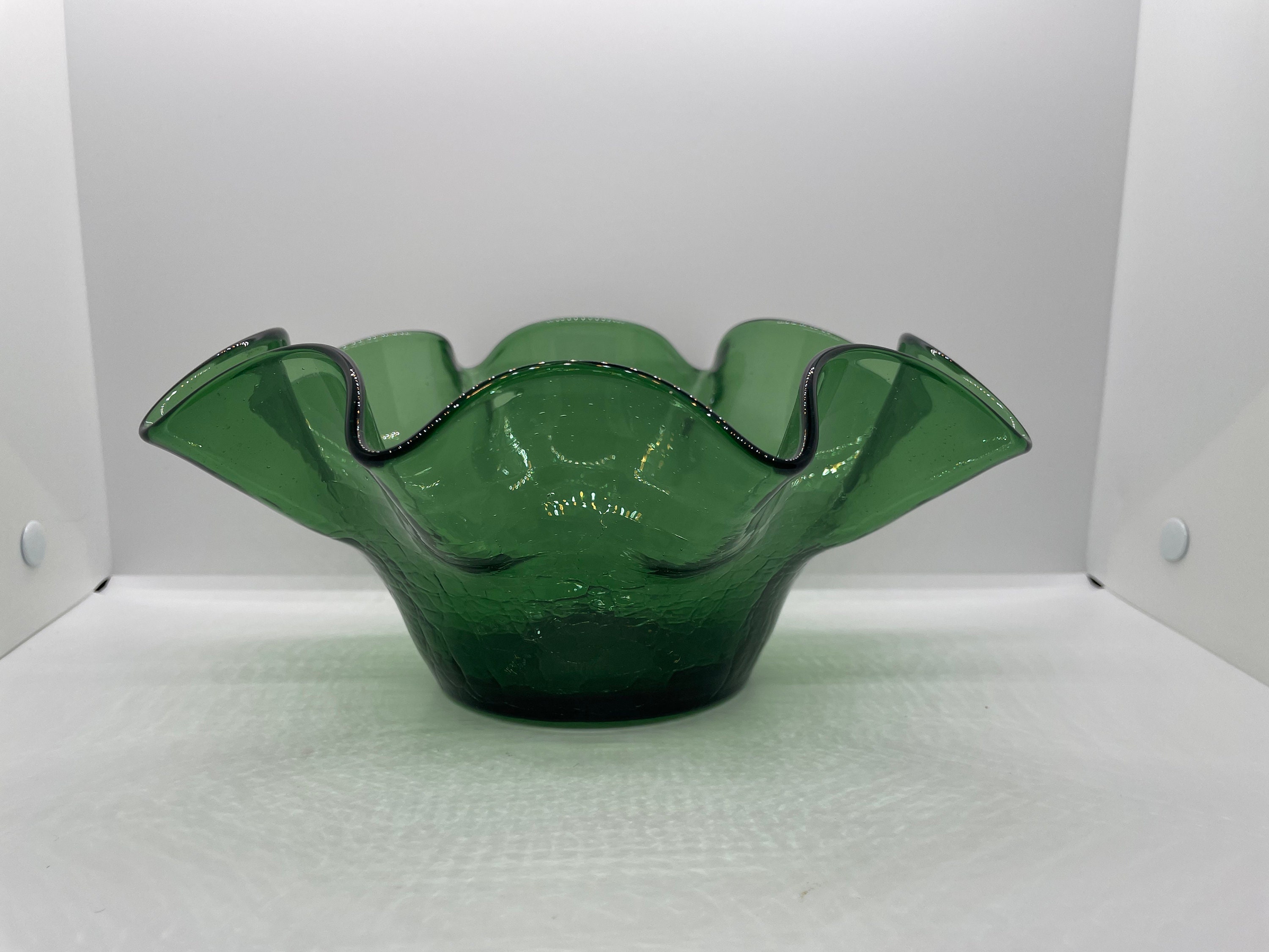 Blenko Olive Green Crackle Glass Ruffle Rim Bowl, Pattern 3744, MCM - Etsy