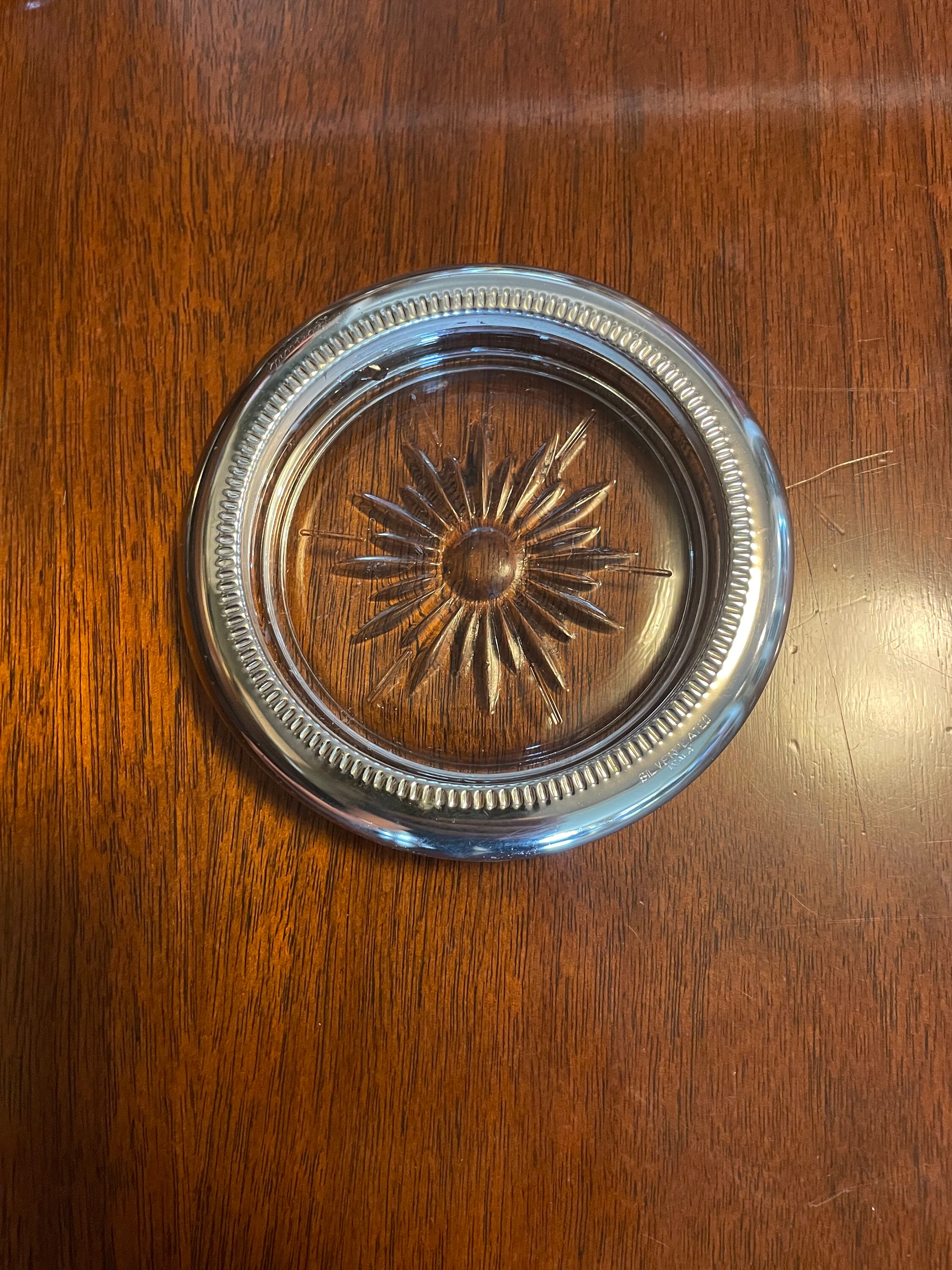 8 Vintage Leonard Italy Glass and Silverplate Sunburst Coasters, 1960's ...