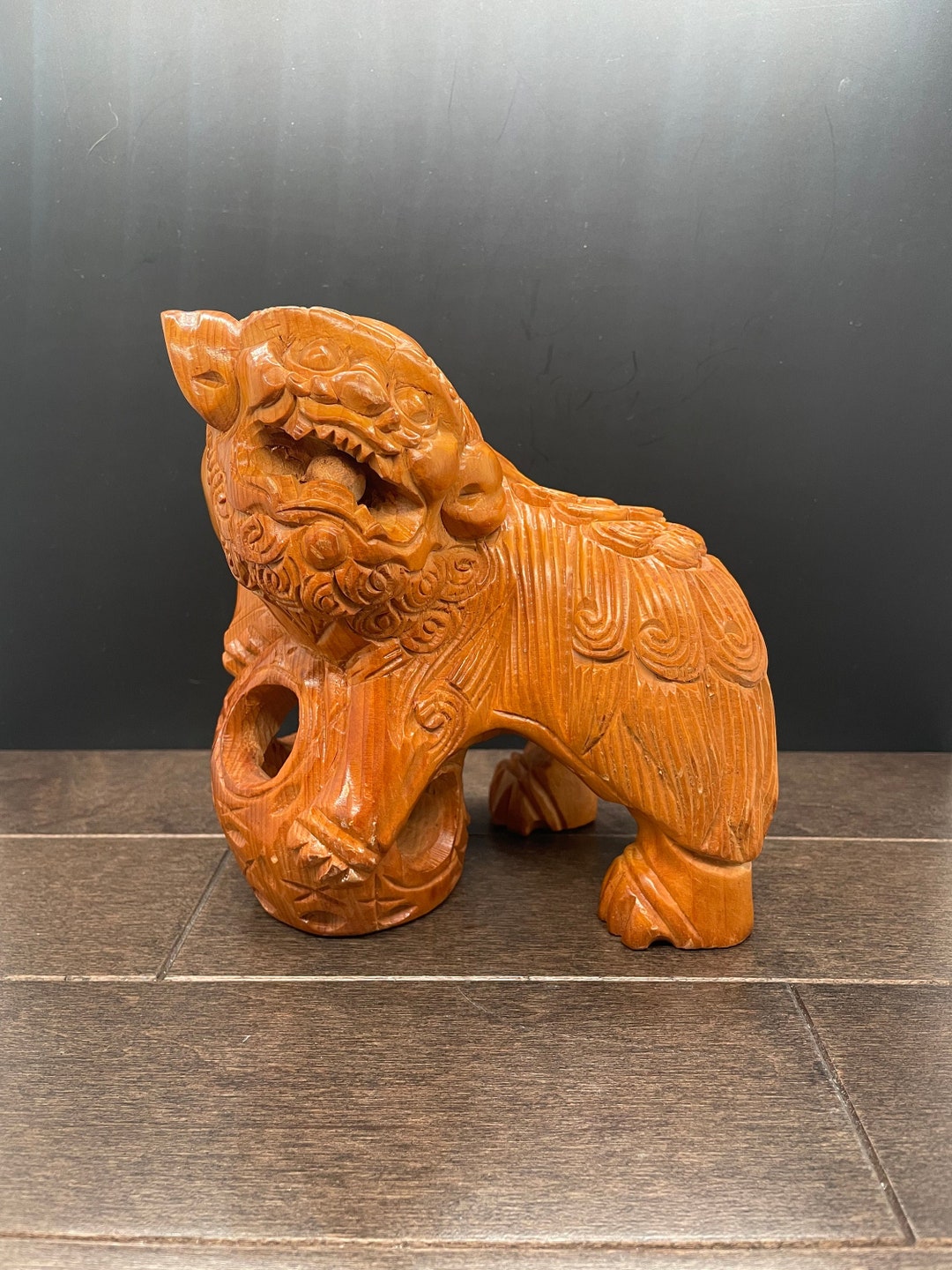 Hand Carved Foo Dog Wood Figure With Caged Ball Carving - Etsy