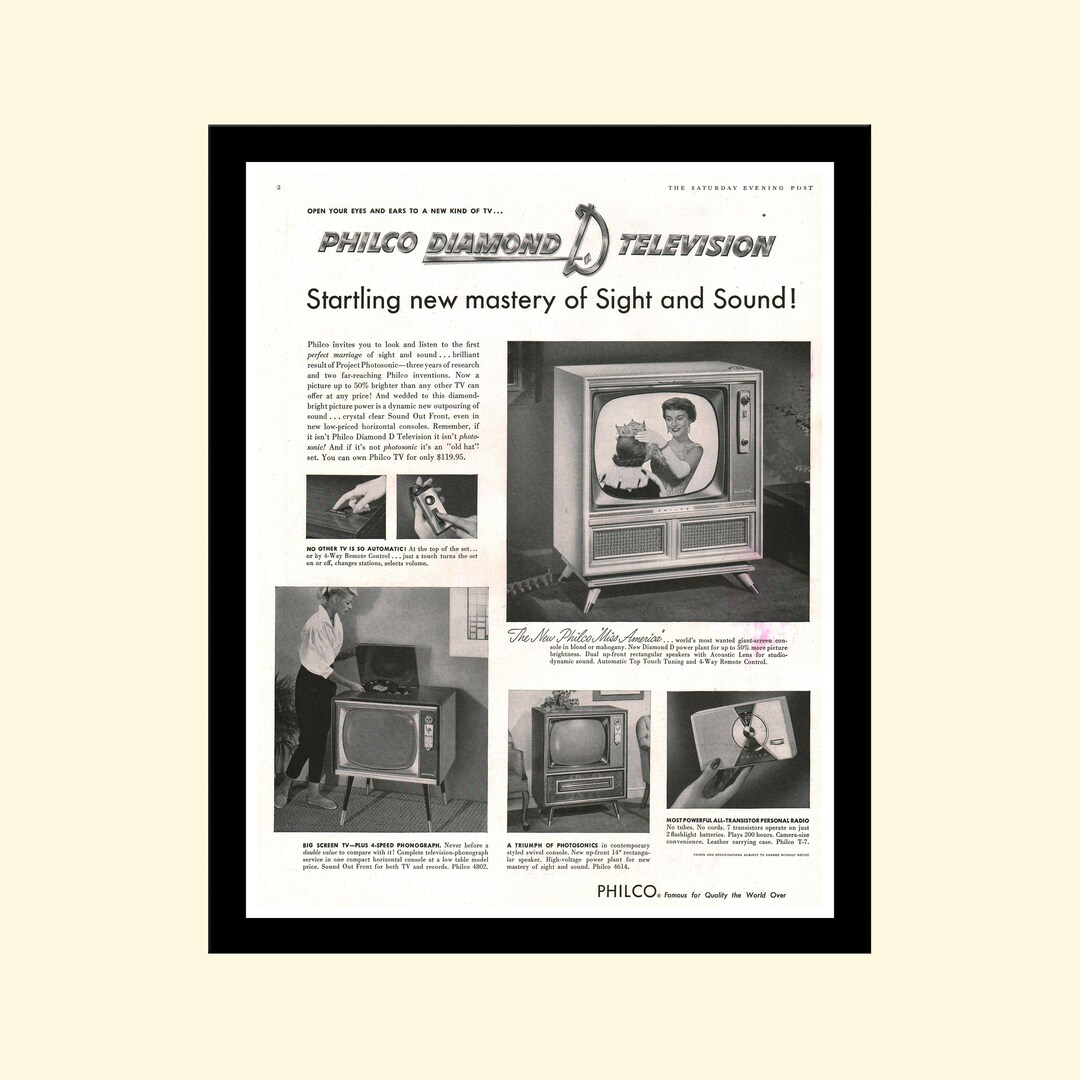 Vintage 1950s Philco Diamond Television Ad Framed, Retro Cabinet TV ...