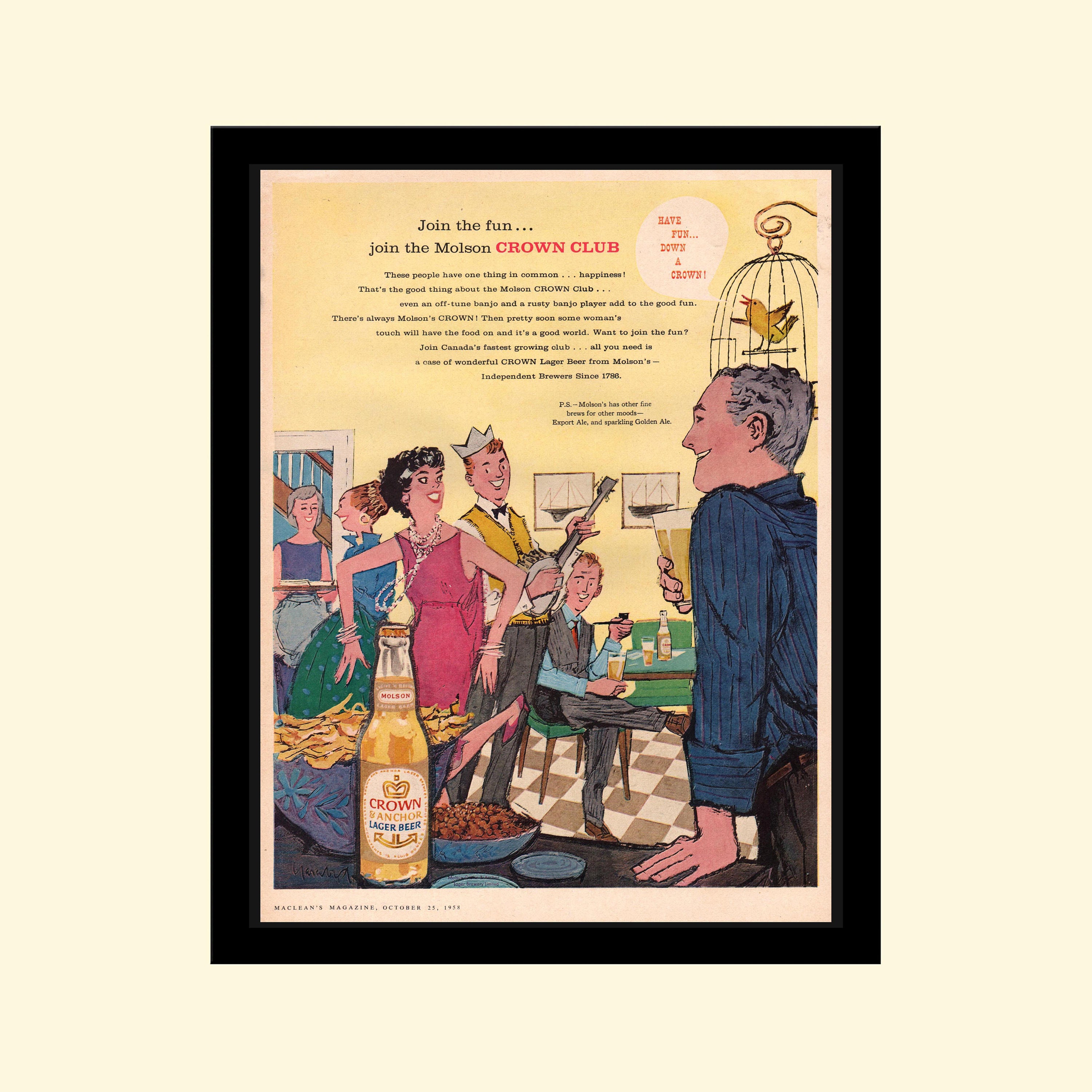 Vintage 1950s Molson Crown & Anchor Lager Beer Ad Framed, Retro Alcohol ...