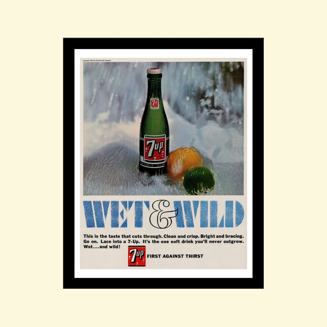 Vintage 1960s 7-up Ad Framed, Retro Soft Drink Seven up Wet and Wild ...