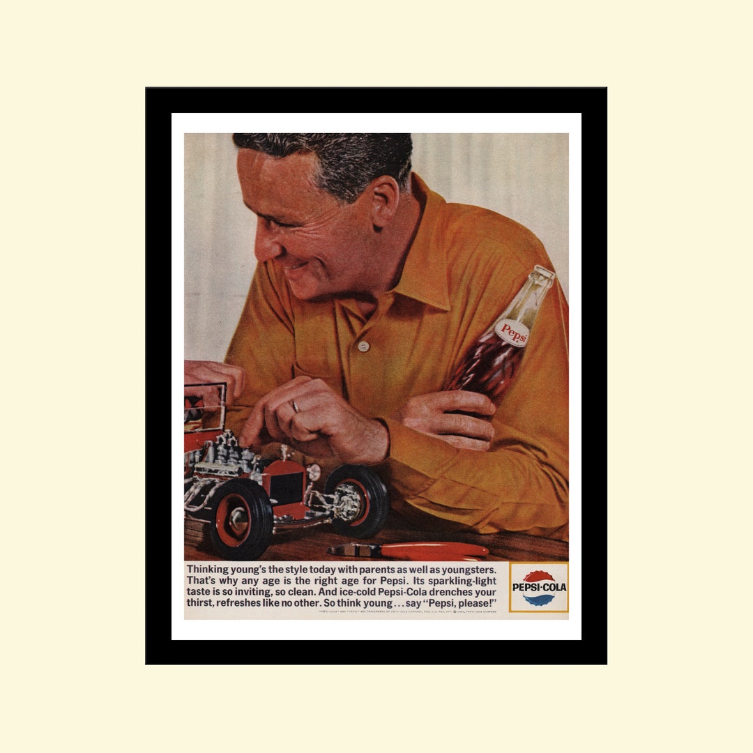 Vintage 1960s Pepsi Cola Soft Drink Ad Framed, Retro Model Car Soda Pop ...