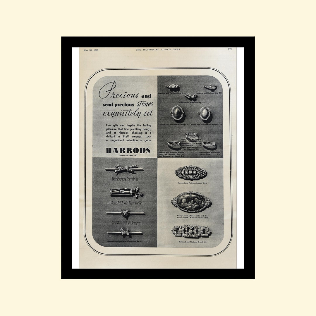 Vintage 1930s Harrods Jewelry Gem Ad Framed, Retro Advertisement 1936 ...