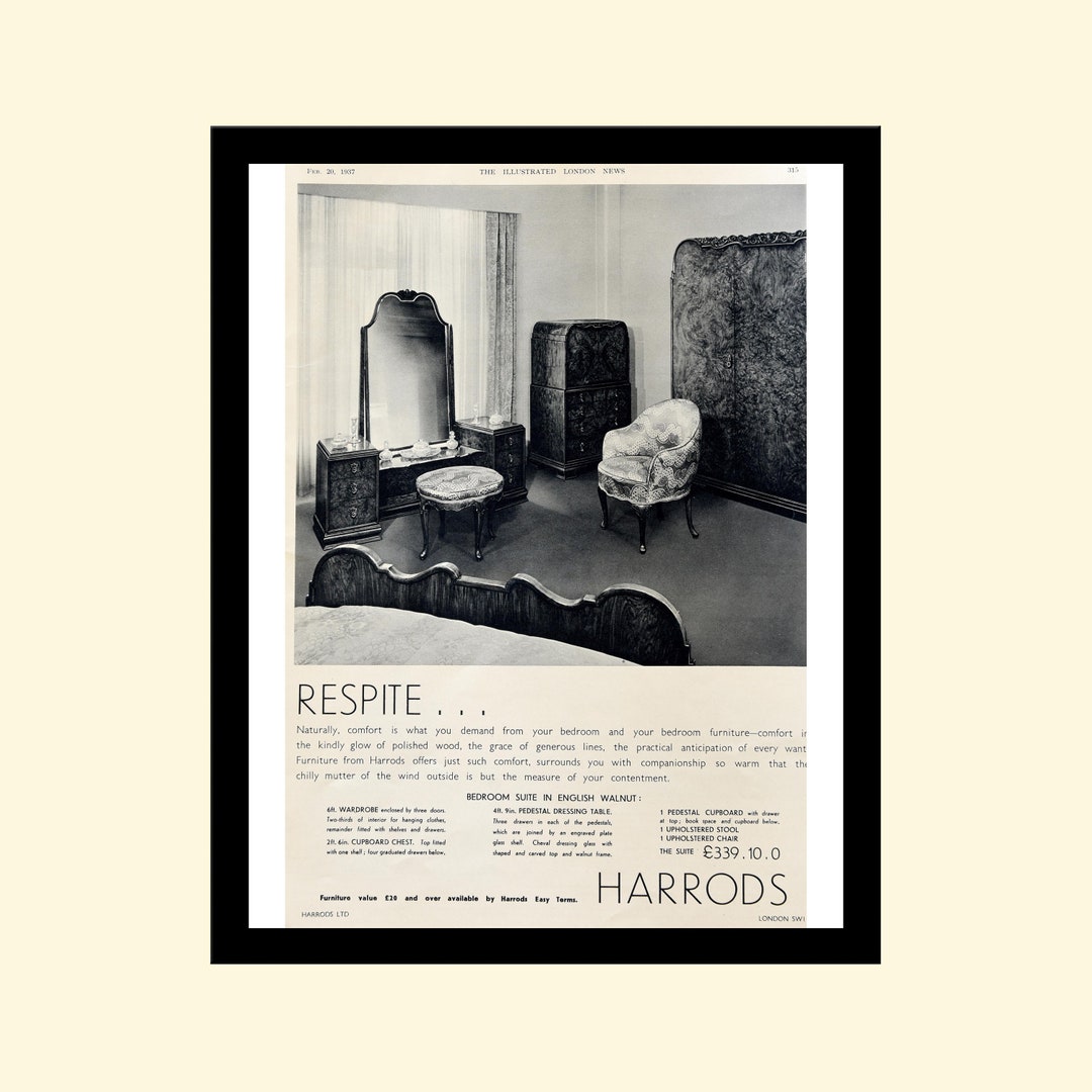Vintage 1930s Harrods Bedroom Furniture Suite Ad Framed, Retro ...