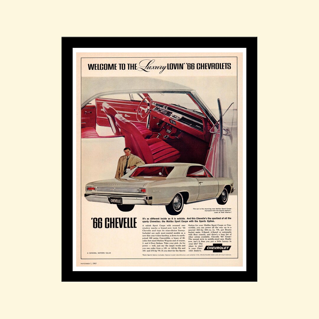 Vintage 1966 Chevelle Chevy 1965 Ad Framed, Retro Classic Car Chevrolet ...