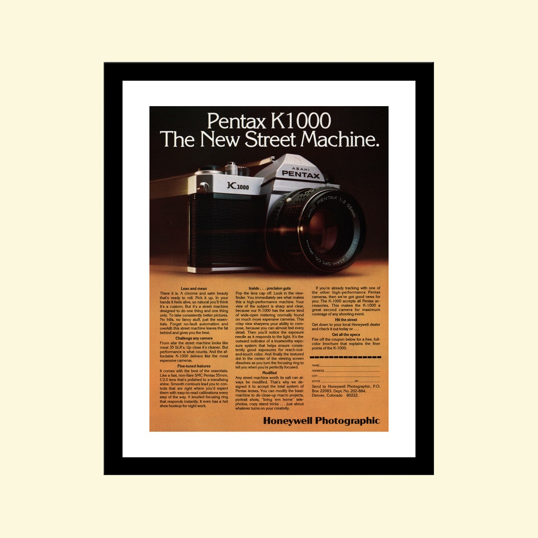 Vintage 1970s Pentax K1000 Film Camera Ad Framed, Retro 35mm ...