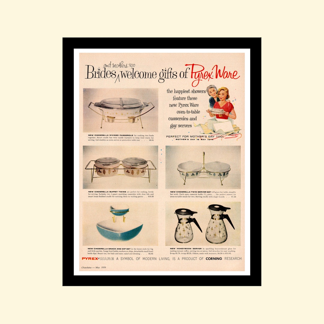 Vintage 1950s Pyrex Ware Ad Framed, Retro Home Kitchen Casserole Bowl ...