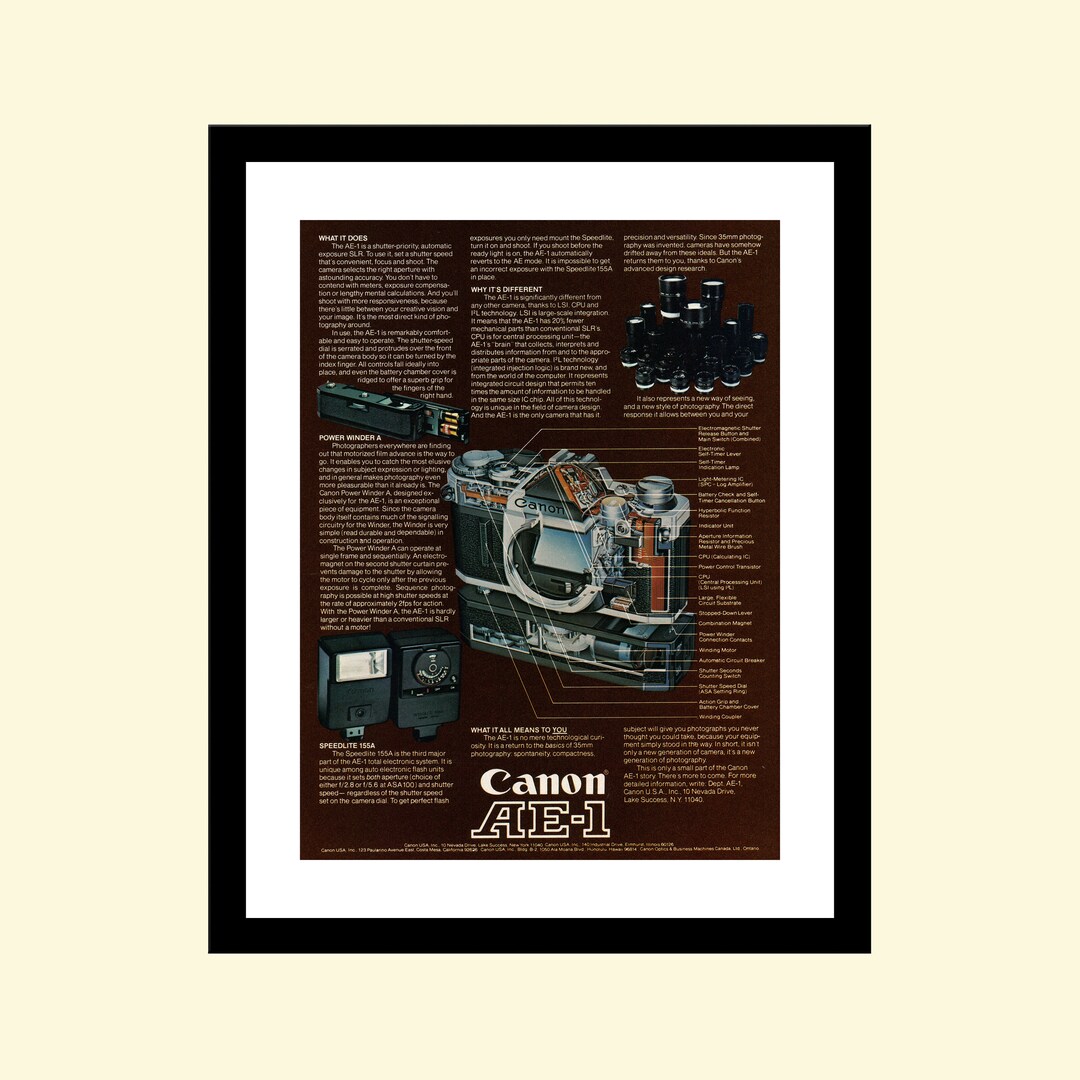 Vintage 1970s Canon AE-1 Film SLR Camera Ad Framed, Retro 35mm ...