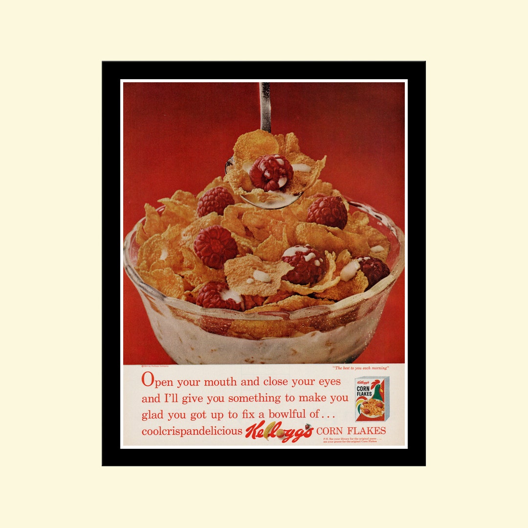 Vintage 1960s Corn Flakes Ad Framed, Retro Kellogg's Breakfast Cereal ...