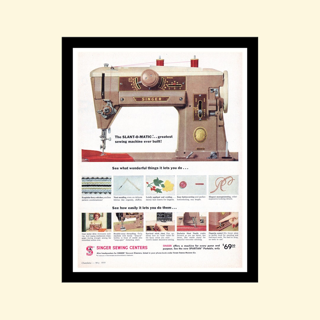 Vintage 1950s Singer Sewing Machine Ad Framed, Retro Home Clothing ...