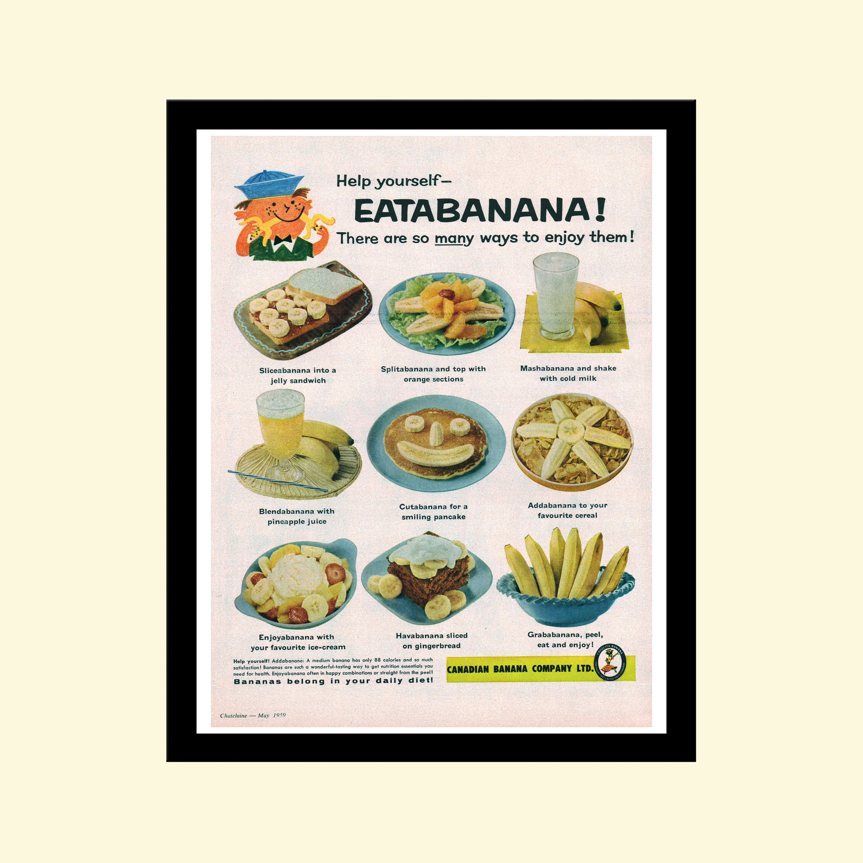 Vintage 1950s Banana Ad Framed, Retro Canadian Fruit Healthy Food ...