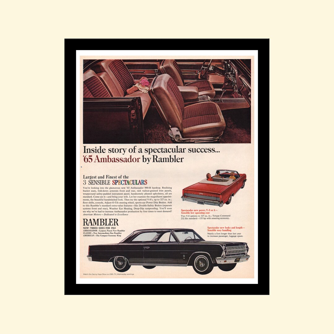 Vintage 1965 Rambler Ambassador Ad Framed, Retro Classic Car American ...