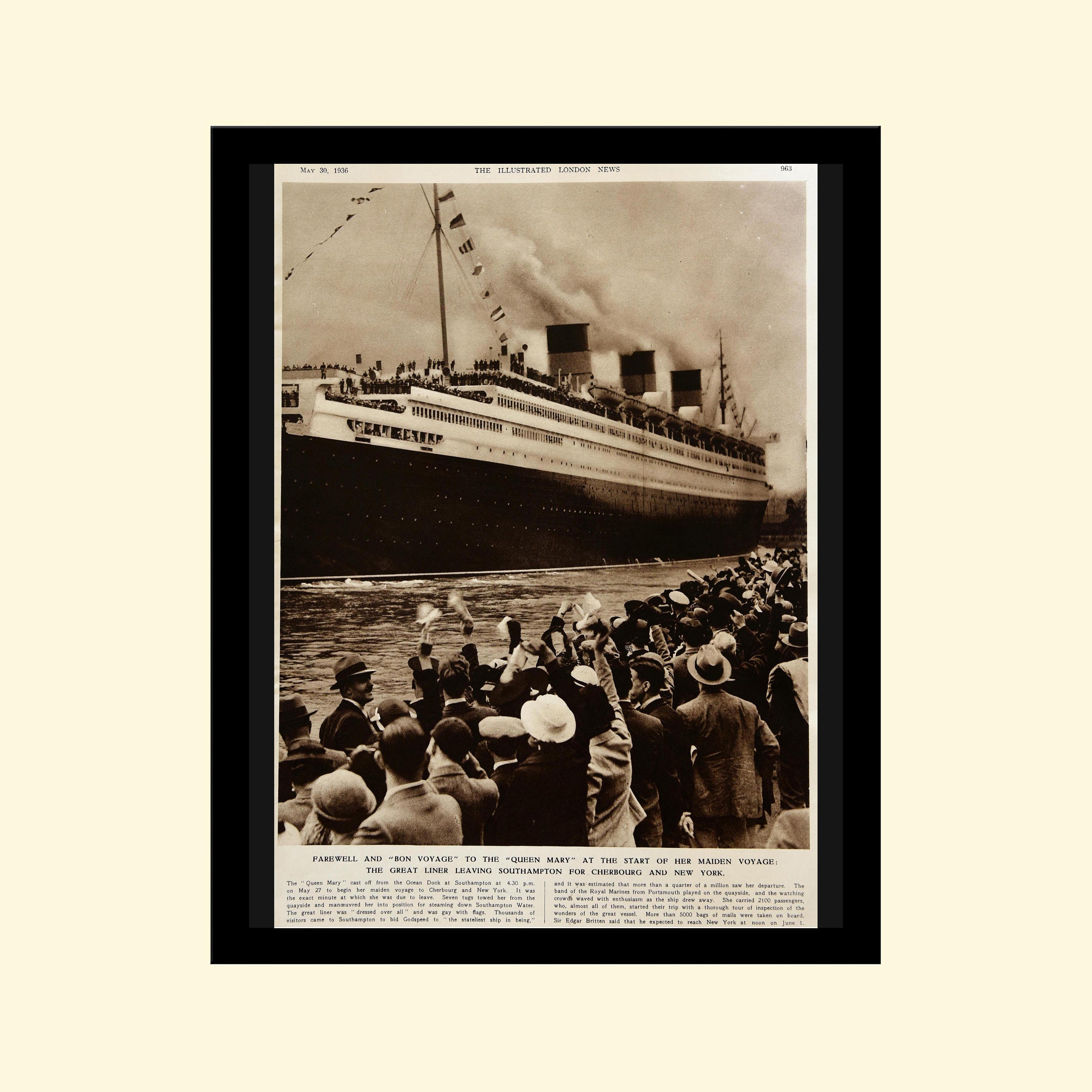 Vintage 1930s Queen Mary Maiden Voyage Ad Framed, Retro Luxury Cruise ...