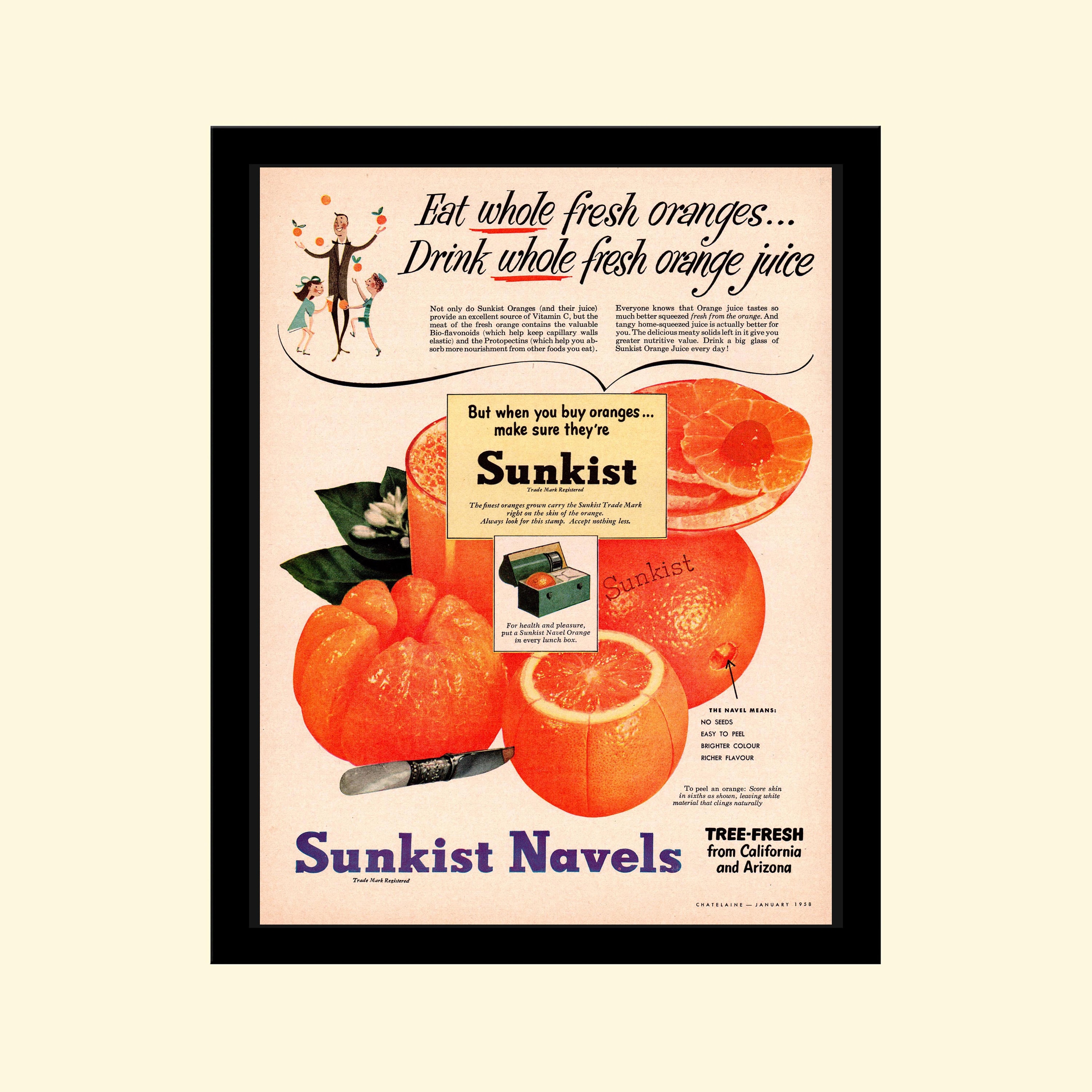 Vintage 1950s Sunkist Oranges Ad Framed, Retro Navel Fruit Healthy Food ...