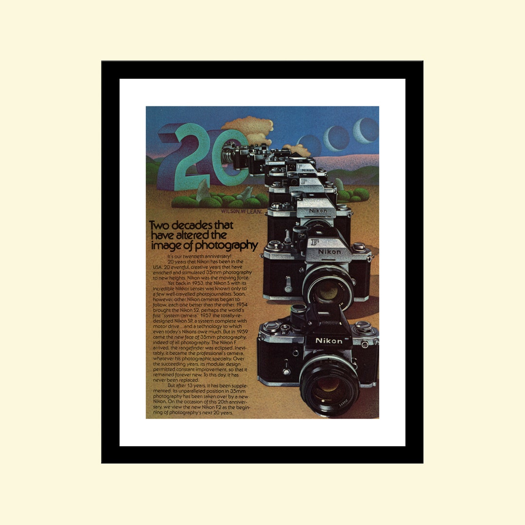 Vintage 1970s Nikon 20th Anniversary Film SLR Camera Ad Framed, Retro ...
