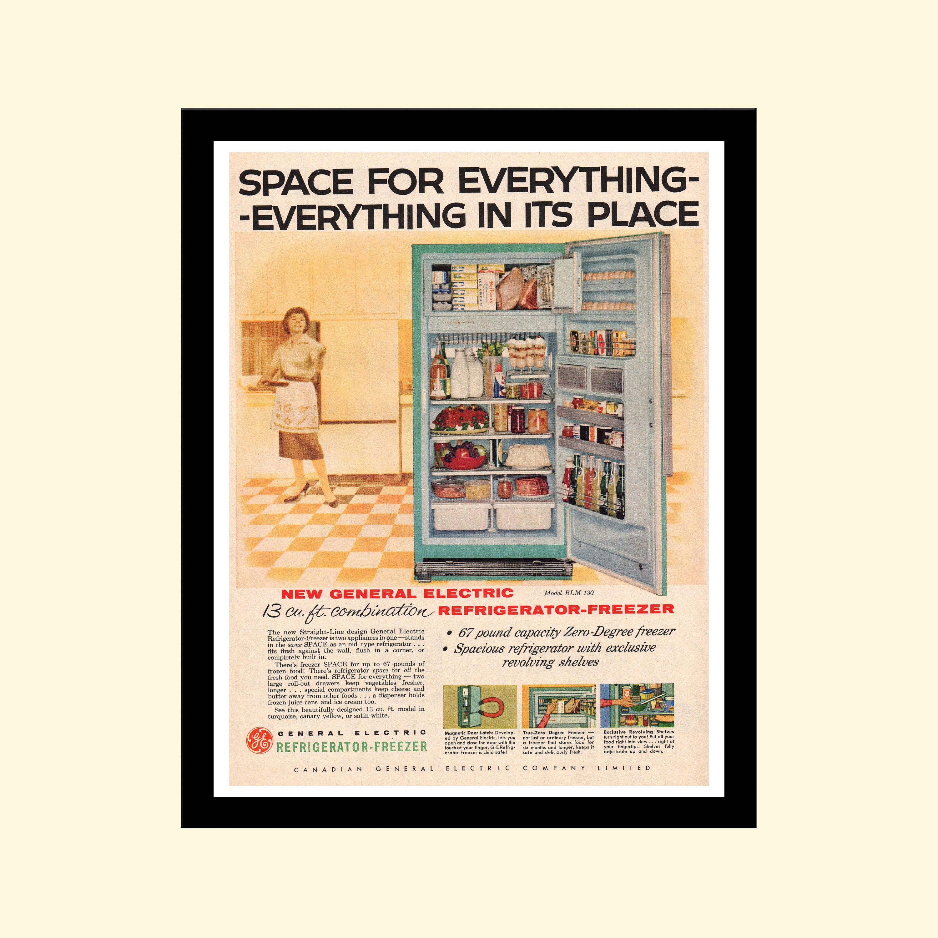 Vintage 1950s GE Fridge Ad Framed, Retro G.E. General Electric Home ...
