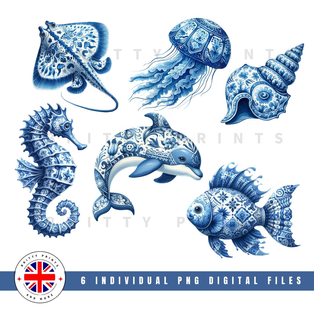 Chinoiserie Blue Pattern Sea Creatures, 6 Pngs, Dolphin Delft Pattern ...
