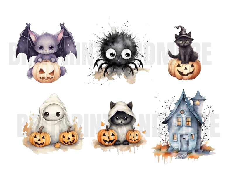 Halloween Watercolor Clipart PNG Bundle , Set of 12 Halloween ...