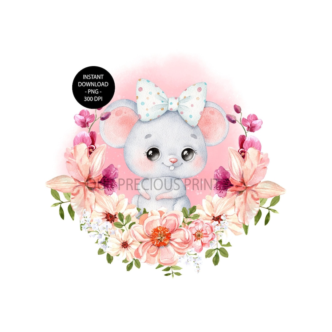Mouse and Flowers PNG, Wildflower Cute Mouse With Bow Clip Art, Cute ...