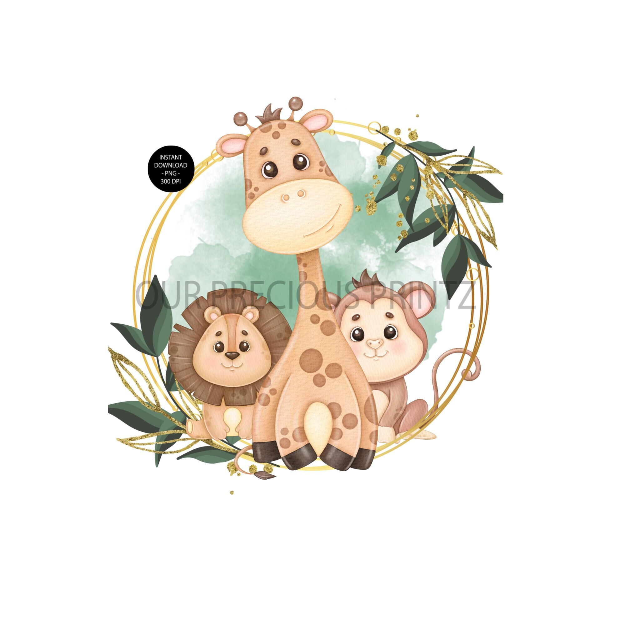 Jungle Safari PNG, Giraffe, Lion and Monkey Clip Art, Wreath ...